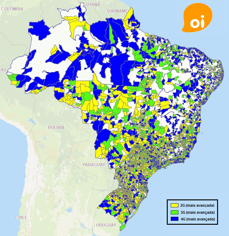 Mapa da telefonia móvel no país por tecnologia (2G, 3G e 4G ...