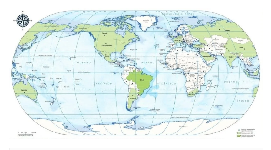 Mapa-múndi produzido pelo IBGE dá destaque a países do G20
