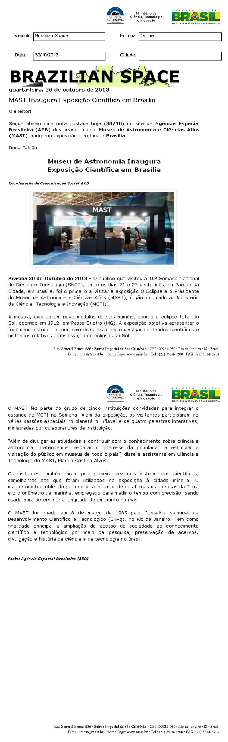 Brazilian Space | MAST inaugura Exposição Científica em Brasília ...