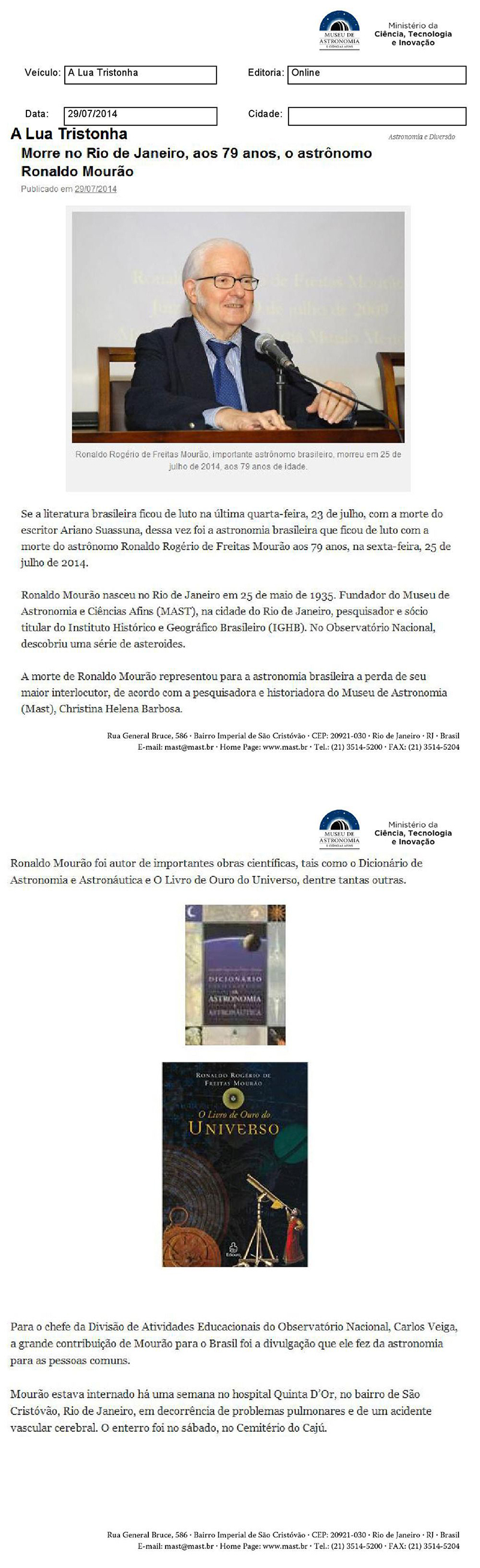 A Lua Tristonha | Morre no Rio de Janeiro, aos 79 anos, o astrônomo ...