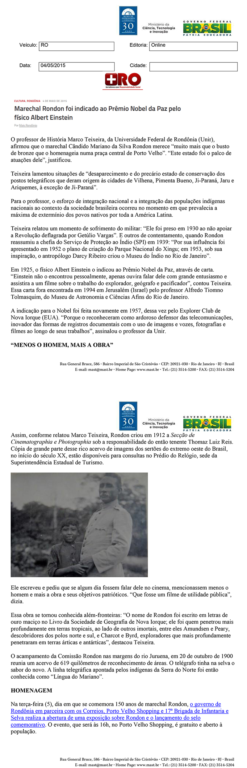 RO | Marechal Rondon foi indicado ao Prêmio Nobel da Paz pelo físico ...