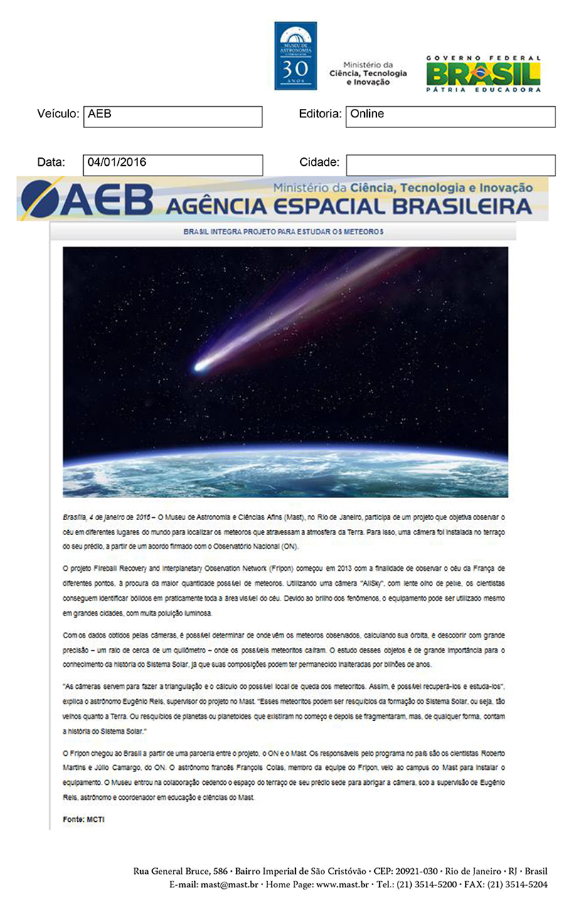 AEB | Brasil integra projeto para estudar os meteoros — Museu de Astronomia e Ciências Afins - MAST