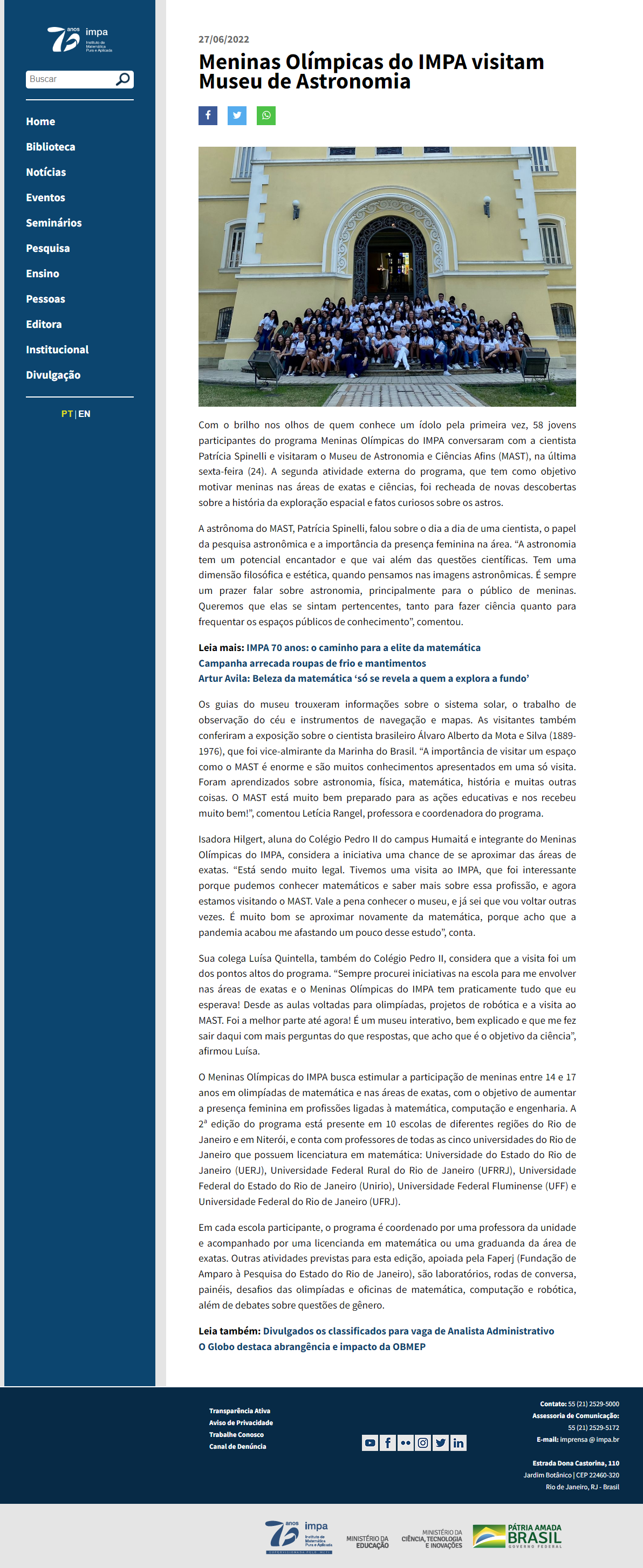 Portal IMPA - Meninas Olímpicas do IMPA visitam Museu de Astronomia ...