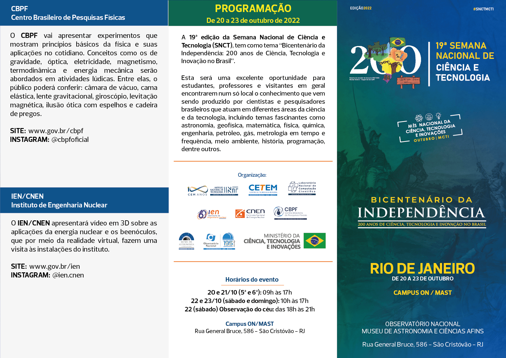 SNCT 2022: Unidades Vinculadas ao MCTI estarão de portas abertas no Campus ON/MAST no Rio de ...