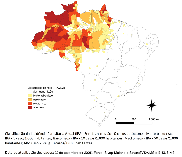 Mapa de risco por município de infecção, Brasil, 2024 — Ministério da Saúde